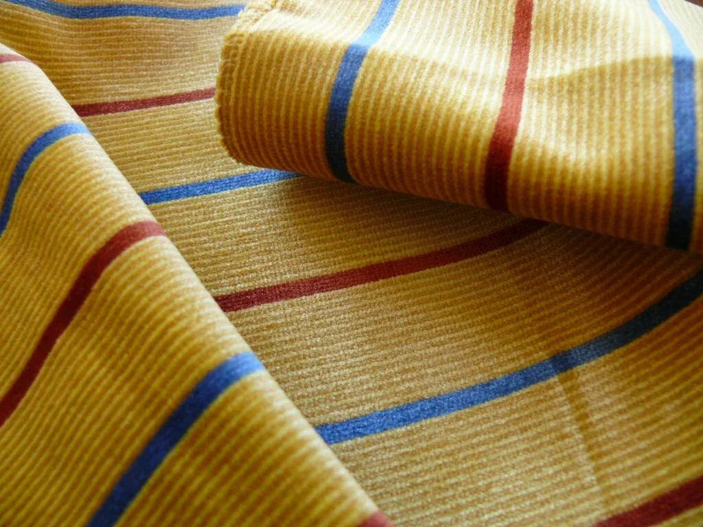 By Yard Lee Jofa Figaro Velvet Red and Blue Stripe On Gold Silky Heavy ...